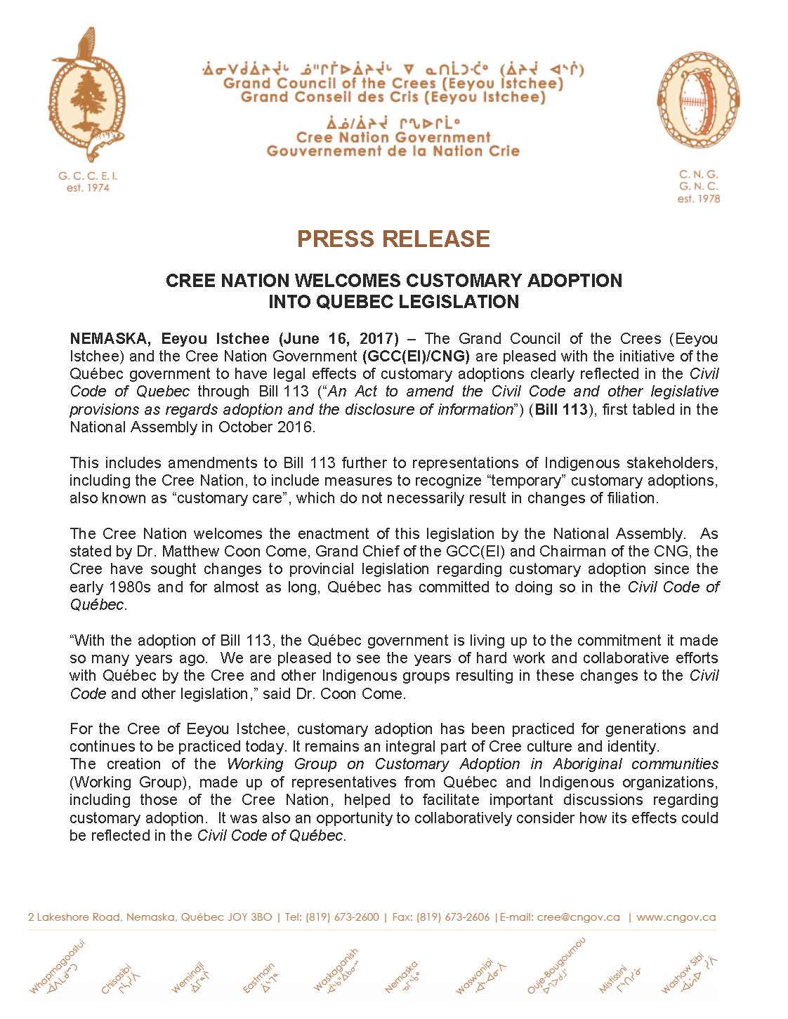 Cree Nation Welcomes Customary Adoption Into Quebec Legislation June 16 ...