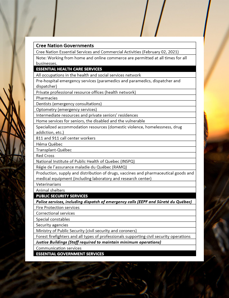Essential Services List | The Grand Council of the Crees (Eeyou Istchee)